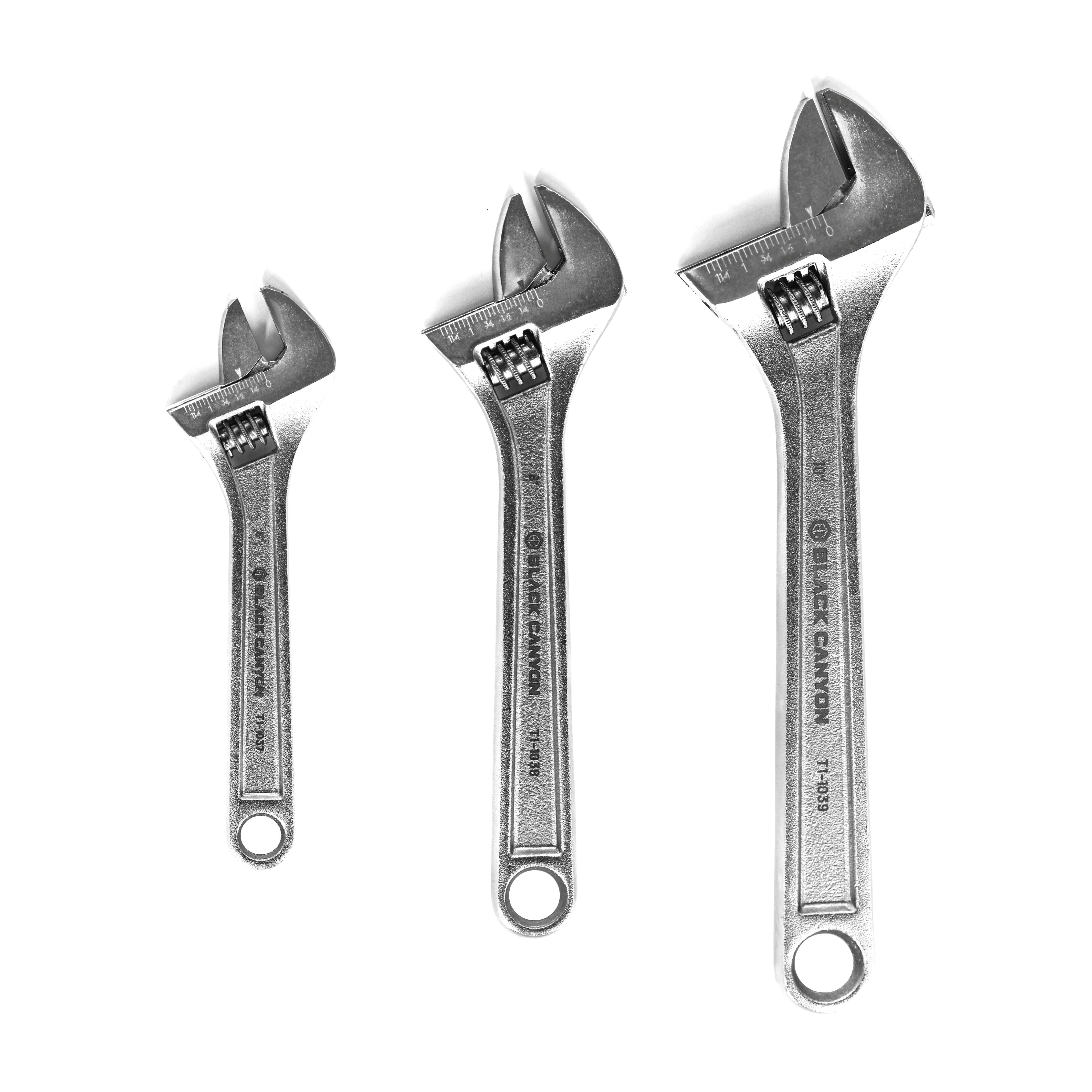 3 PC Adjustable Wrench Set: 6", 8", 10", Alloy Steel, Chrome, Black Canyon